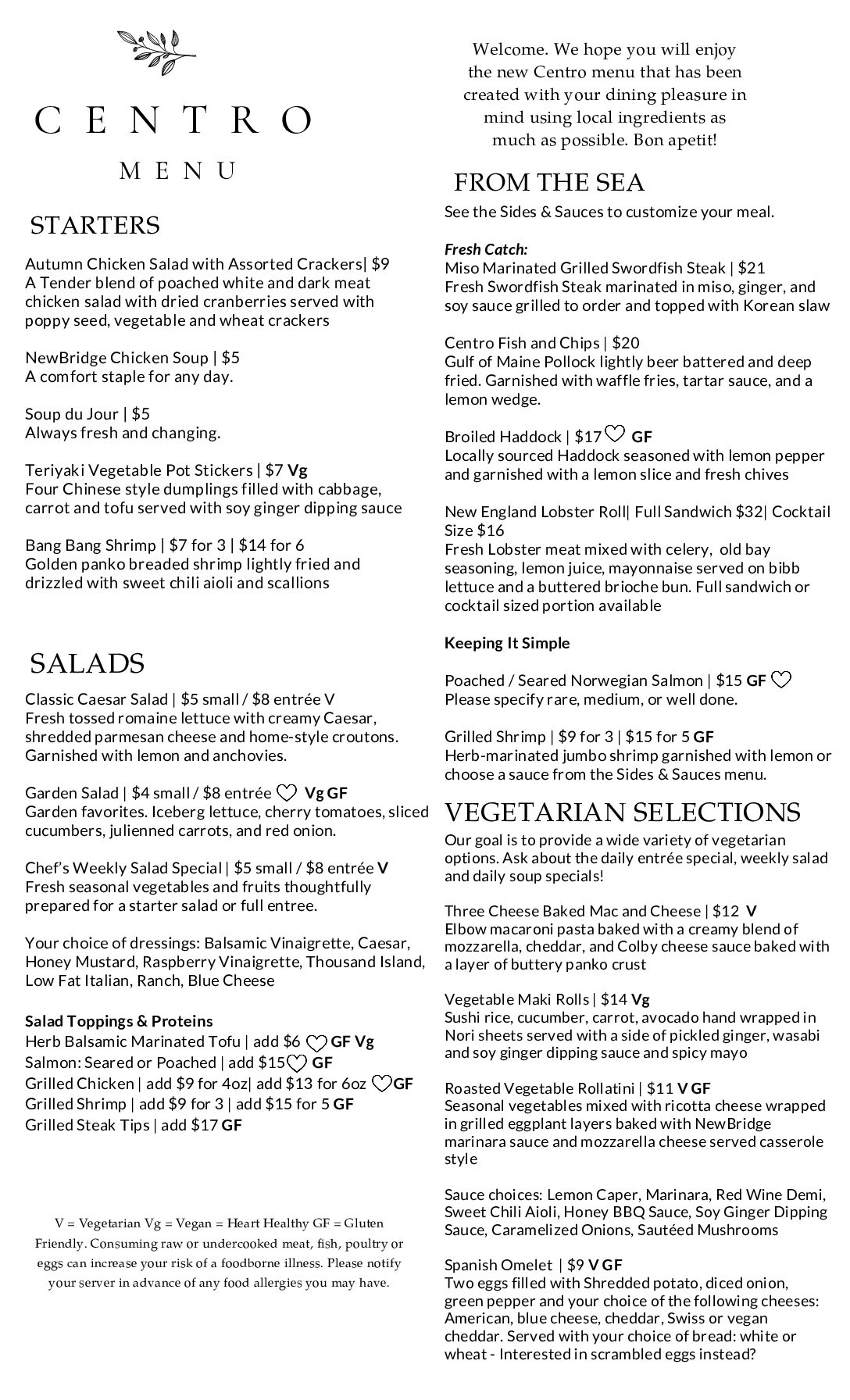 NewBridge on The Charles | Centro Dinner Menu