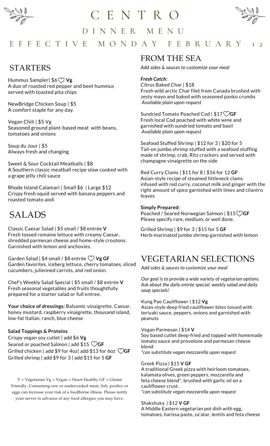 NewBridge on The Charles | Centro Dinner Menu