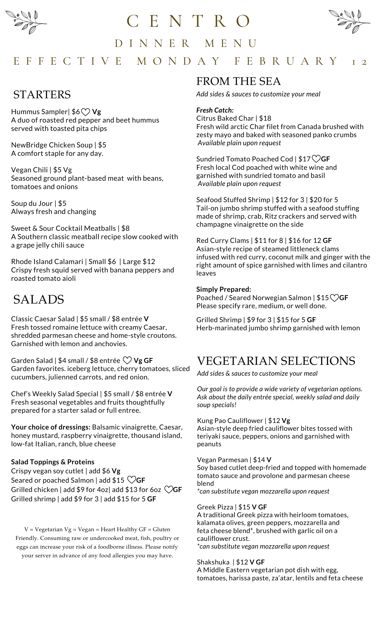 NewBridge on The Charles | Centro Dinner Menu