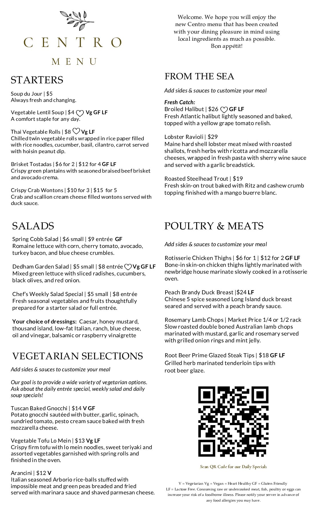 NewBridge on The Charles | Centro Dinner Menu